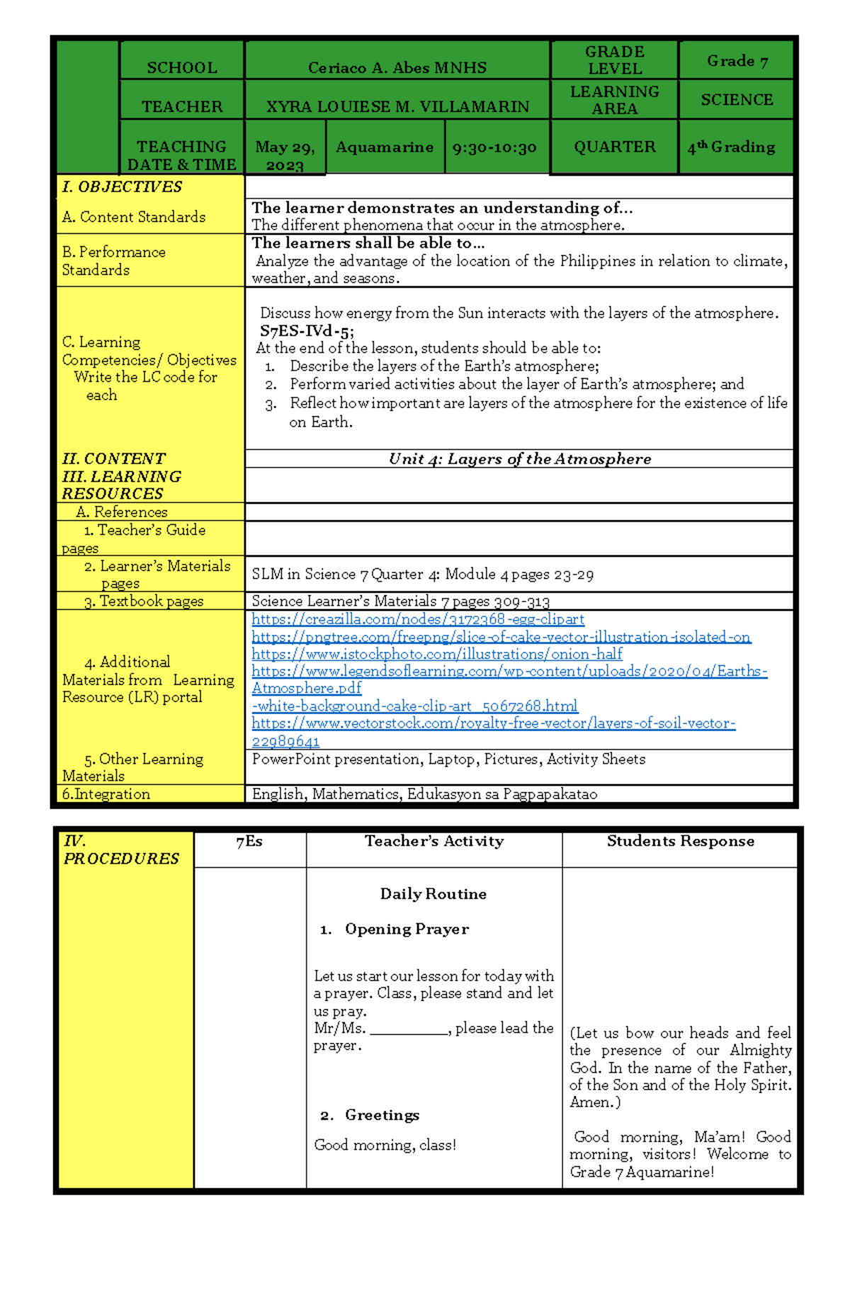 DLP Final DEMO- Layers OF THE Atmosphere - IV. PROCEDURES 7Es Teacher’s ...