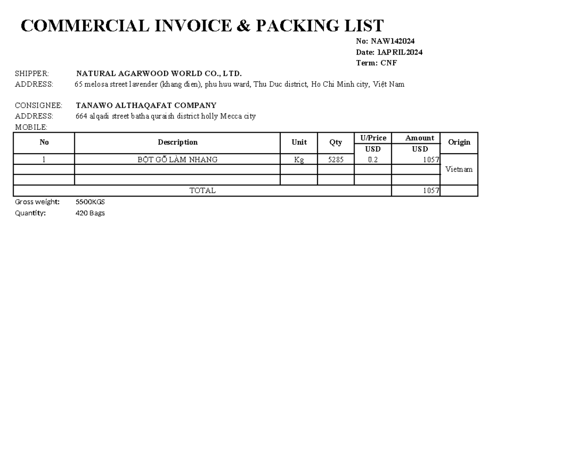 Invoice & Packing List SEA - Introduction to Management - COMMERCIAL ...