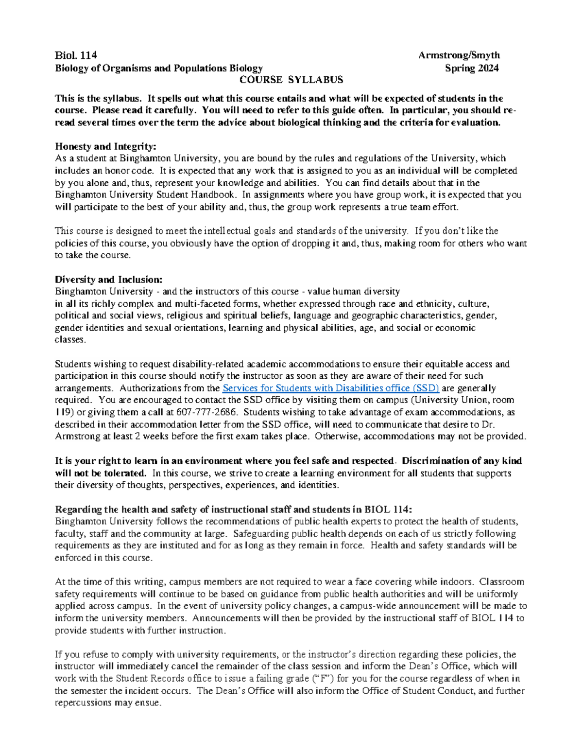 BIOL 114 Spring 2024 Syllabus - Biol. 11 4 Armstrong/Smyth Biology of ...