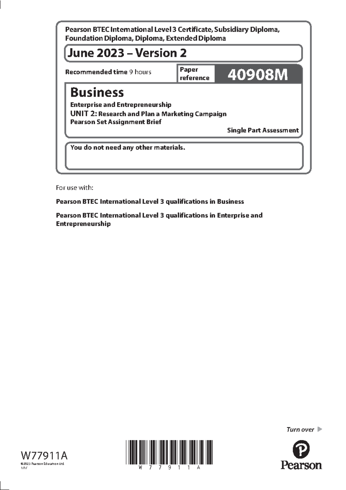 Assignment Brief - HHHdf - Turn over W77911A W77911A ©2023 Pearson ...