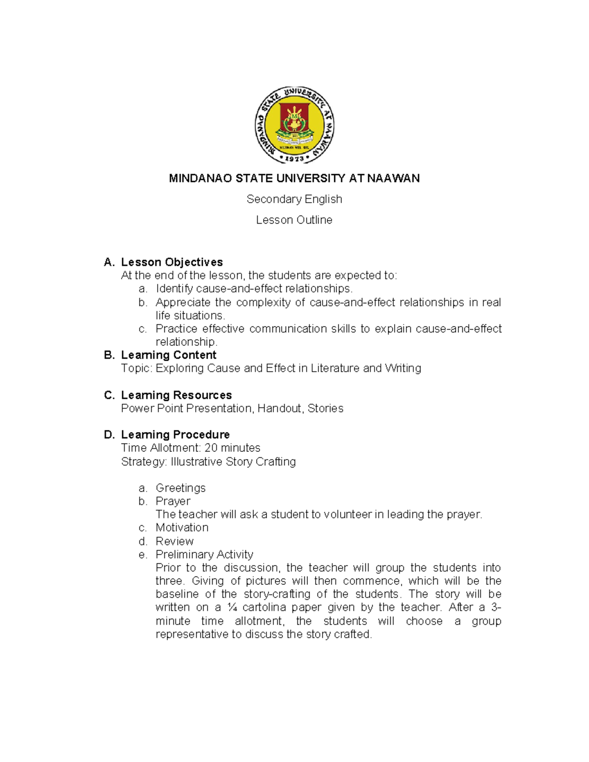 Lesson plan demo 2 - Notes - MINDANAO STATE UNIVERSITY AT NAAWAN ...