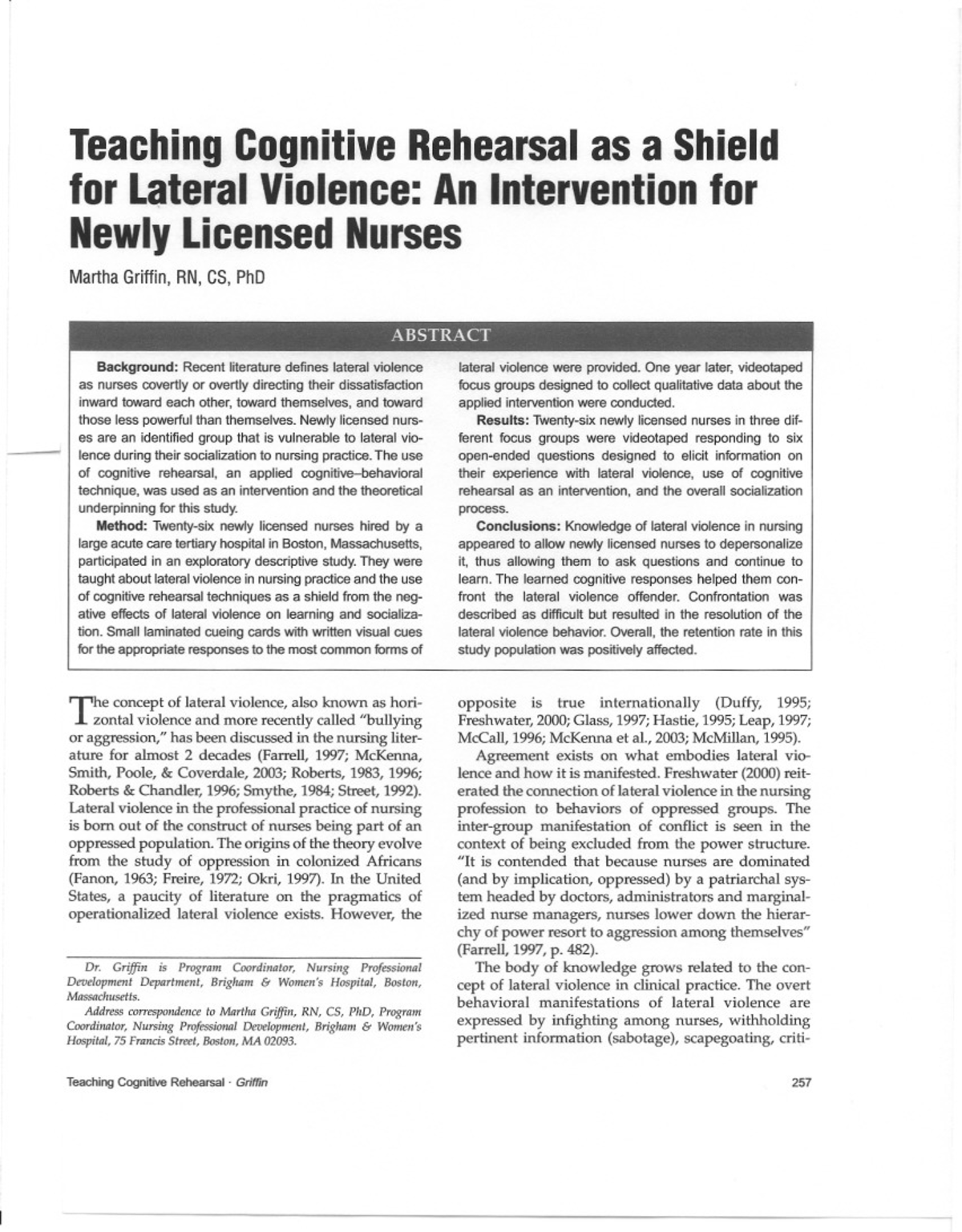 Griffth article on lateral violence - Teaching Cognitive Rehearsal as a ...