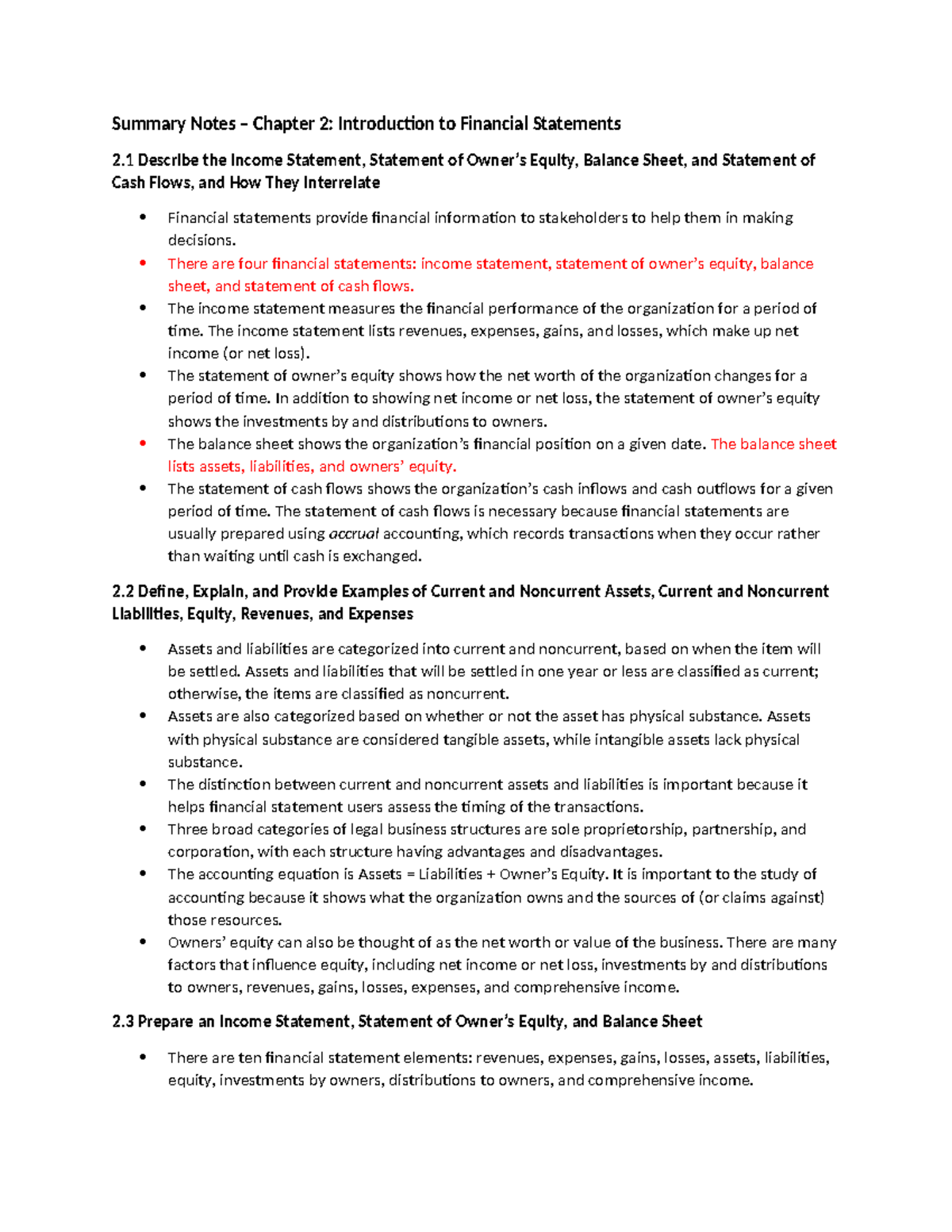 Summary Notes - Chapter 2 Financial Statements - Summary Notes ...