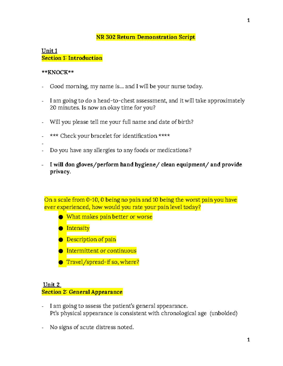 Health Assessment I Head to Chest Script - NR 302 Return Demonstration Script Unit 1 Section 1 ...