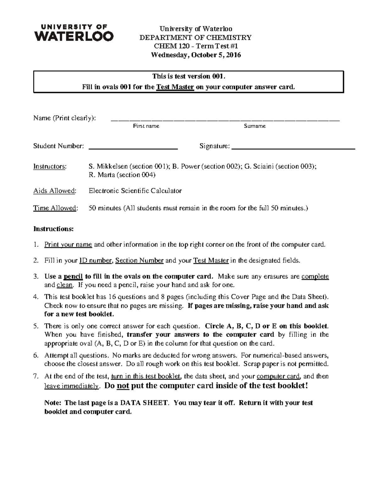 Exam 2016, answers - University of Waterloo DEPARTMENT OF CHEMISTRY ...