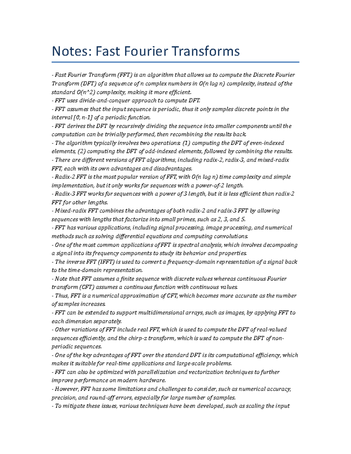 Lecture Notes Fast Fourier Transforms Notes Fast Fourier Transforms Fast Fourier Transform
