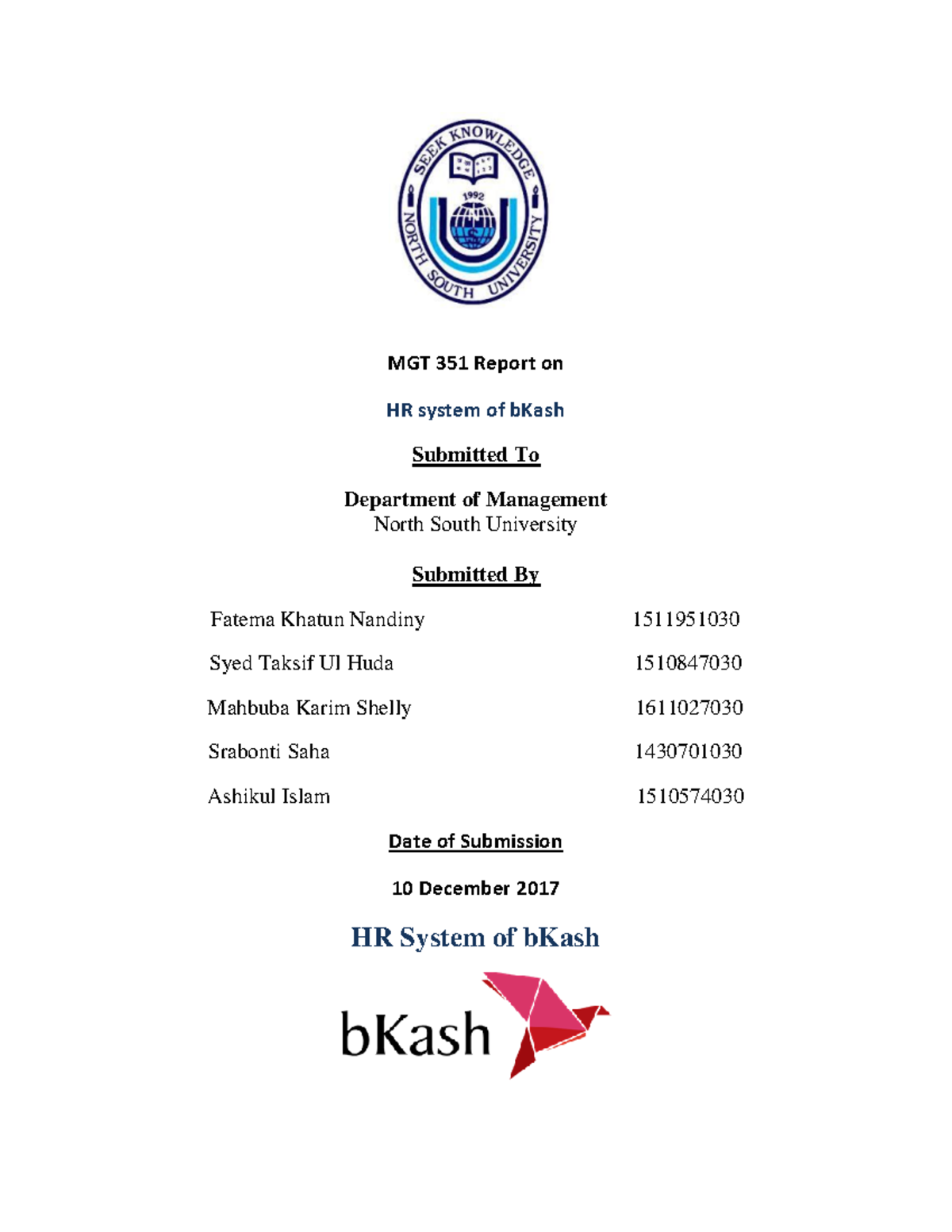 MGT351 HR System Bkash - MGT 351 Report on HR system of bKash Submitted ...