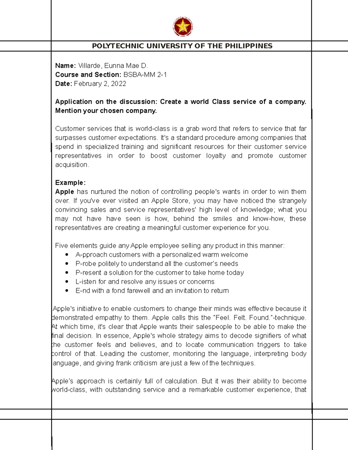 Chapter 15. Creating a World Class Service Culture - Name: Villarde ...