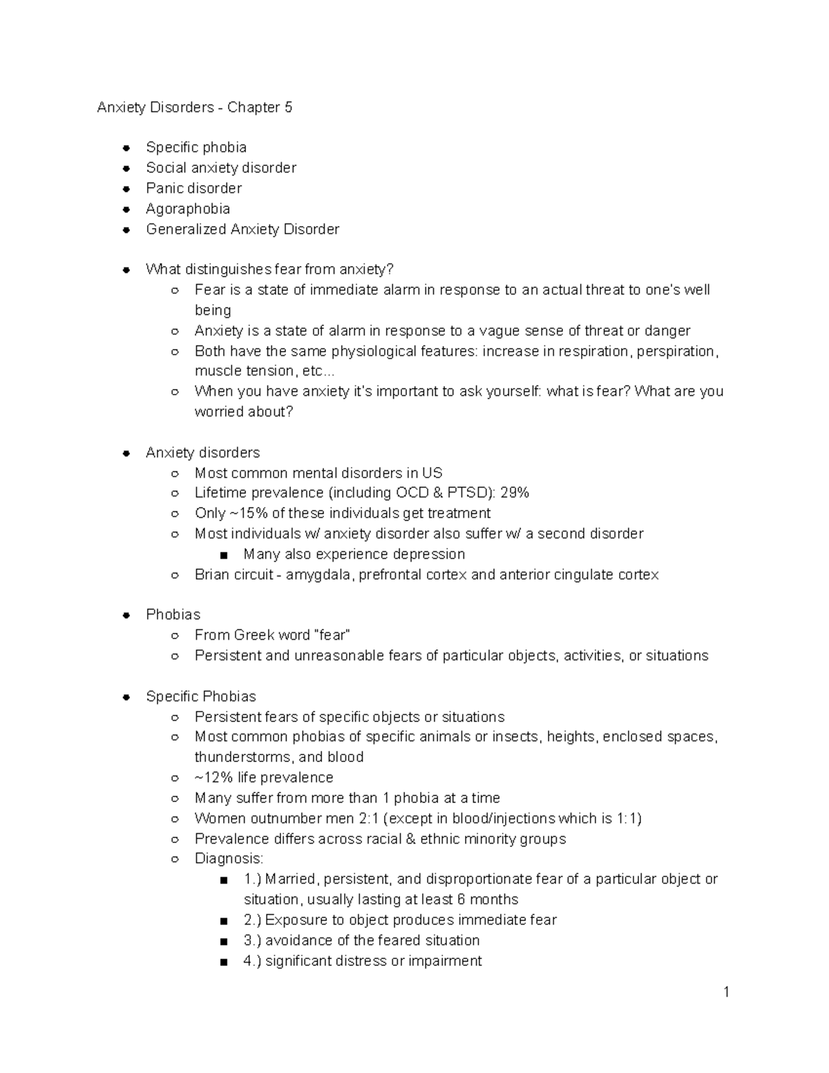 NotesForMidterm#2 - Anxiety Disorders Chapter 5 Specific phobia Social ...