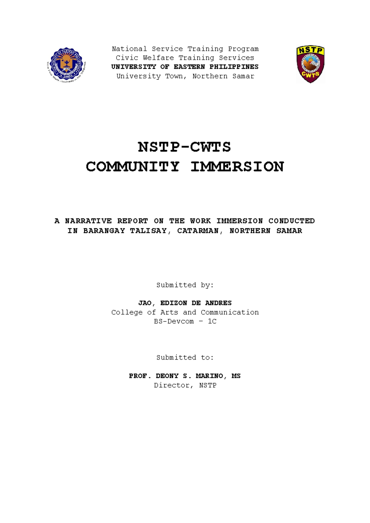 Format NSTP - National Service Training Program Civic Welfare Training ...