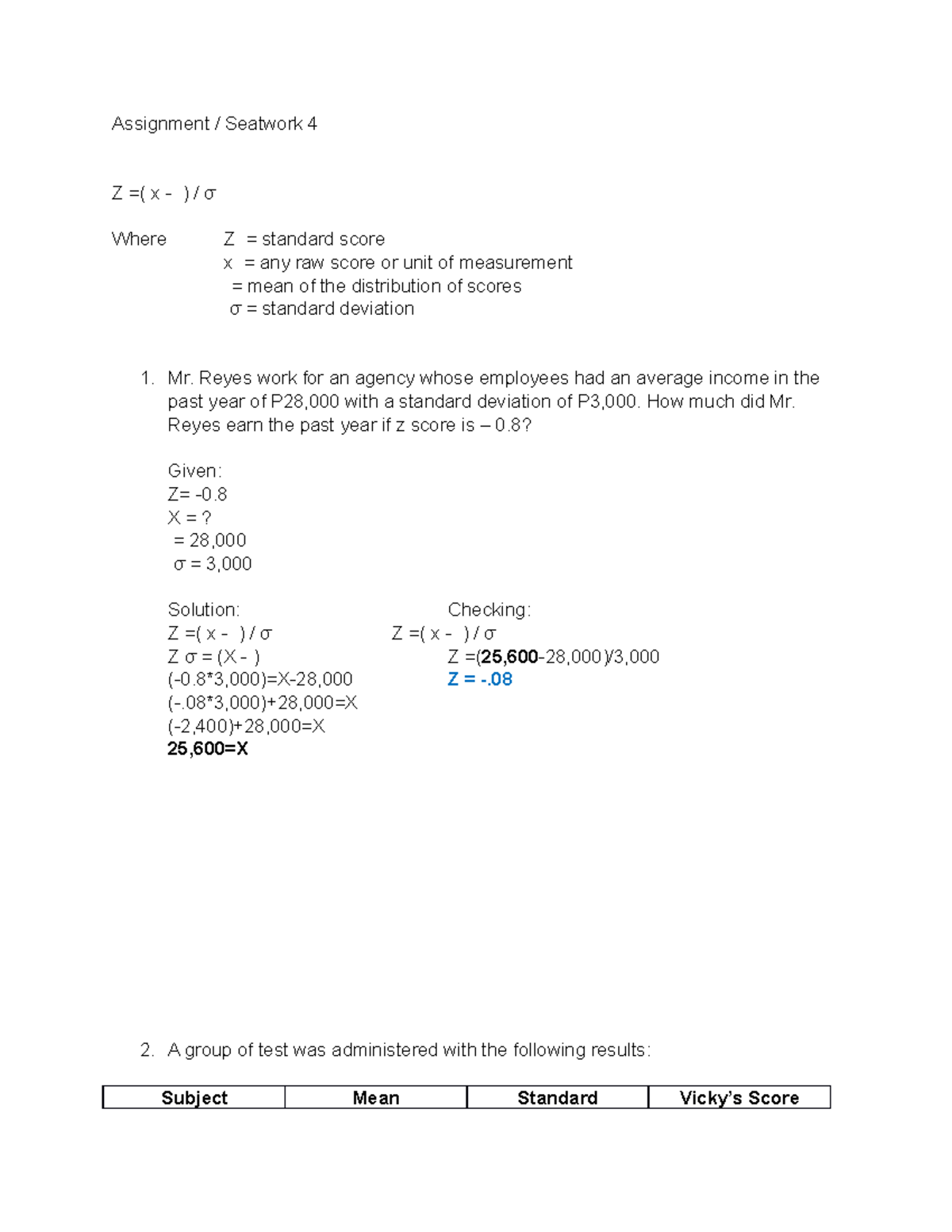 Seatwork 4 - Assignment / Seatwork 4 Z =( x - ) / σ Where Z = standard score x = any raw score ...