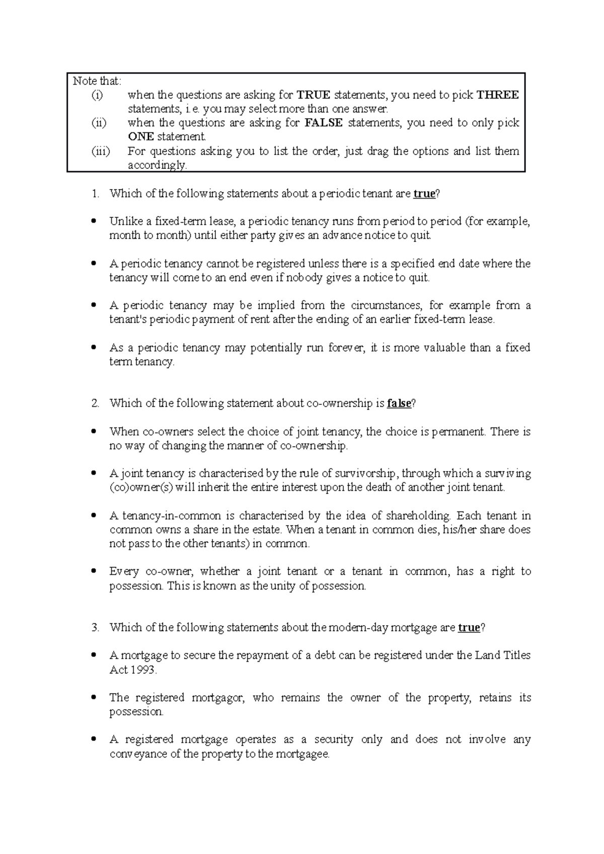 Land sample qns - Note that: (i) when the questions are asking for TRUE ...