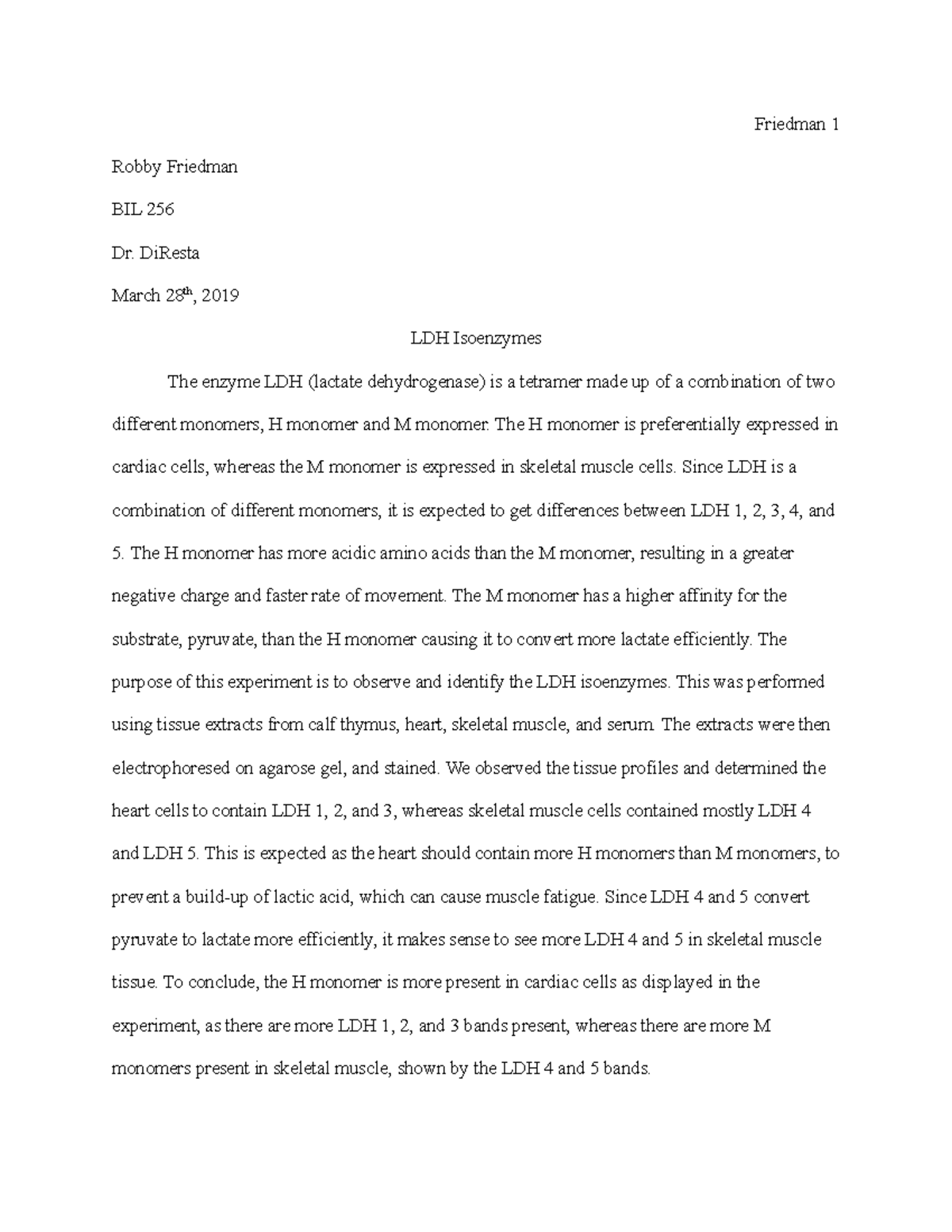 LDH Isoenzymes - Lab Report for LDH - Friedman 1 Rob Friedman BIL 256 ...
