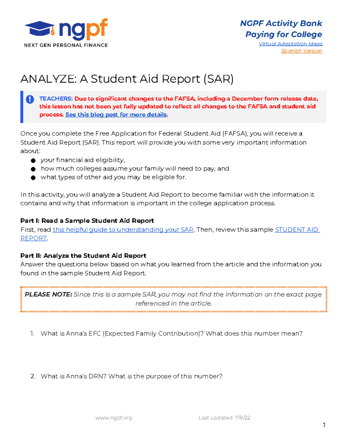 Copy of Analyze A Student Aid Report (SAR) - NGPF Activity Bank Paying ...
