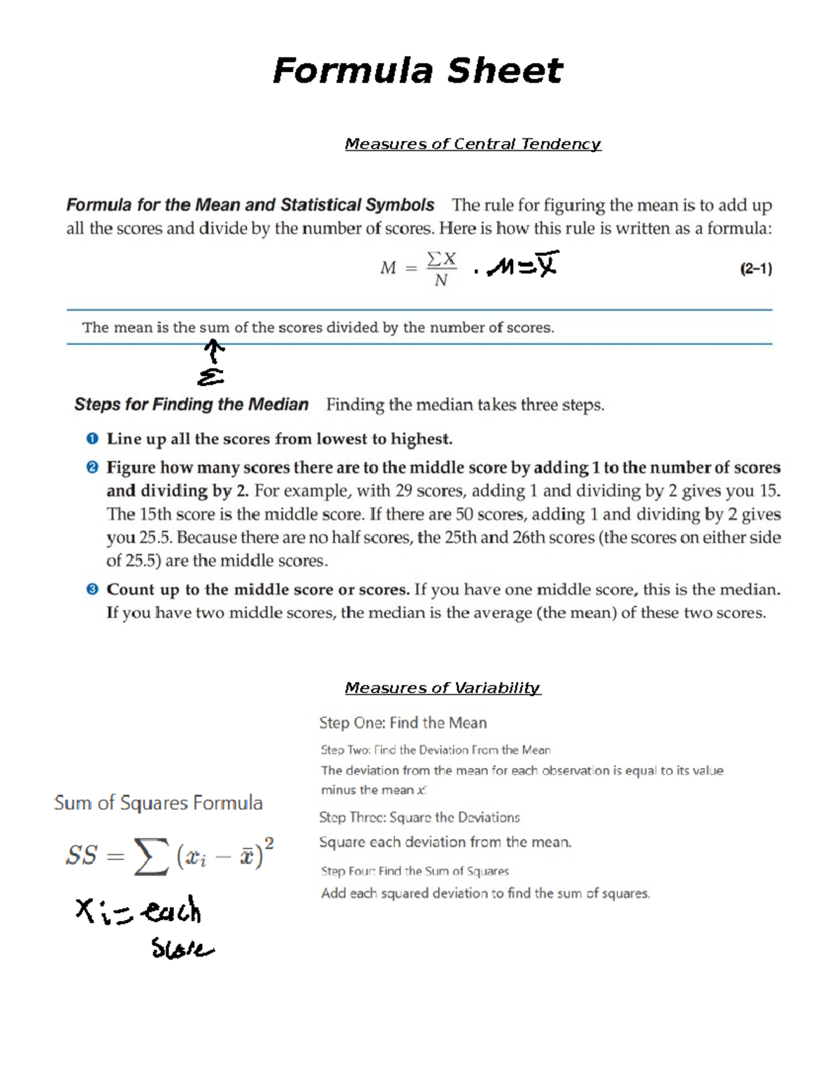 Formula Sheet - Formula Sheet Measures of Central Tendency Measures of ...