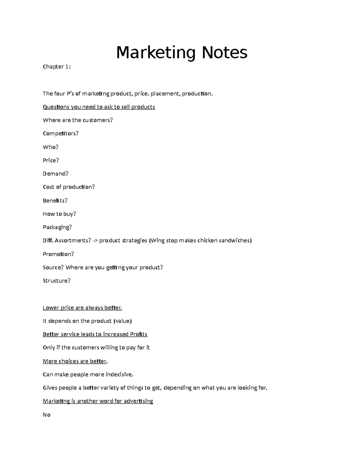 Marketing Notes - Marketing Notes Chapter 1: The four P’s of marketing ...