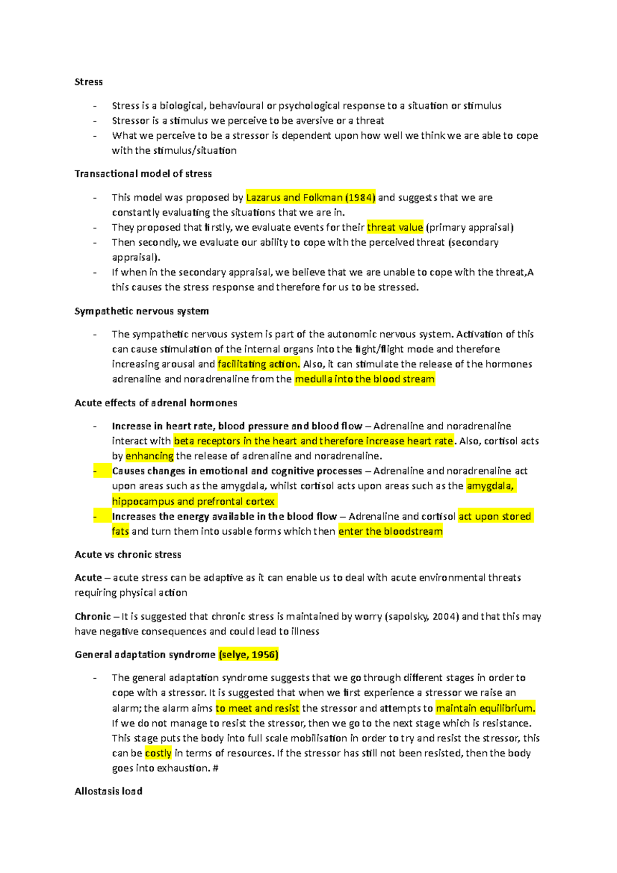 Stress - Lecture notes 1 - Stress - Stress is a biological, behavioural ...