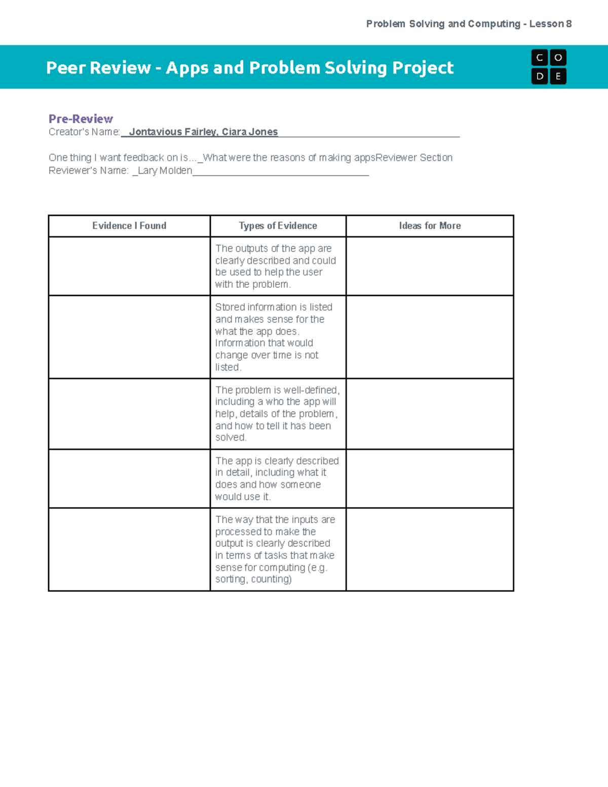 Copy of U1L08 - Peer Review - Apps and Problem Solving Project - Google Docs - Problem Solving ...