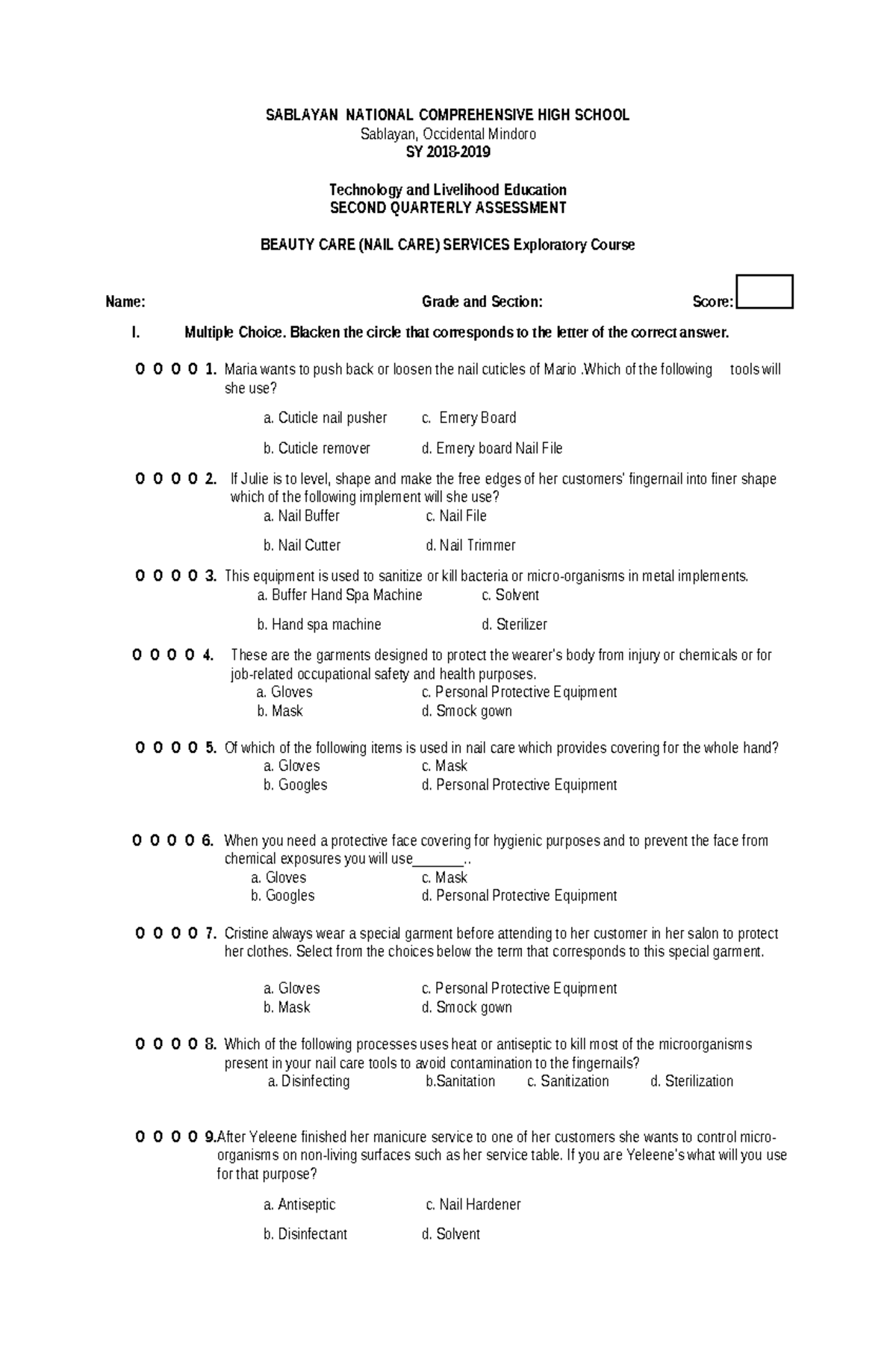 Technology and Livelihood Education SECO - SABLAYAN NATIONAL ...