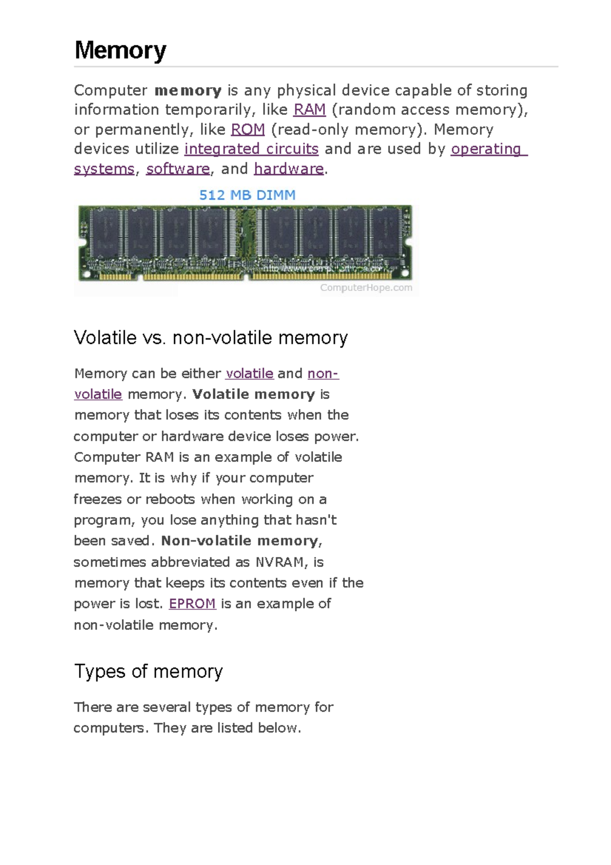 Computer memory content - Memory Computer memory is any physical device ...