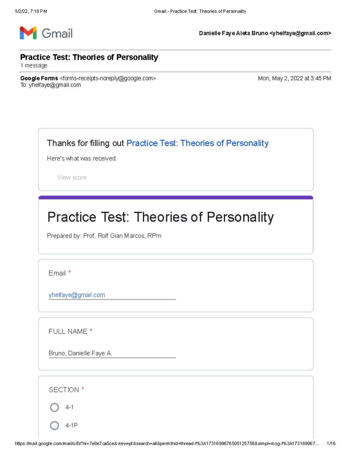 Practice-Test -Theories of Personality Key Answers - Danielle Faye ...
