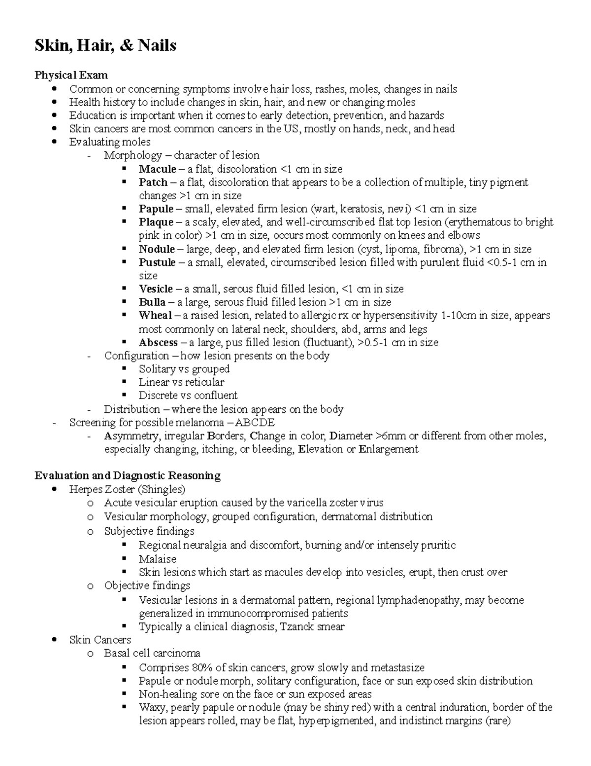 Final Study Guide - Skin, Hair, & Nails Physical Exam Common or ...