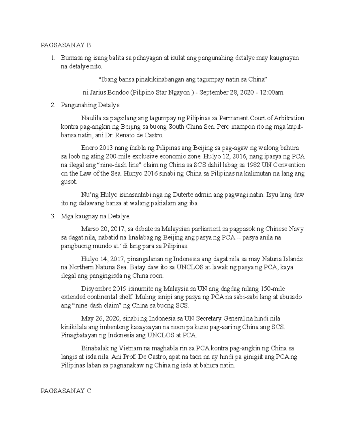 Pagsasanay sa wika ABCD - PAGSASANAY B Bumasa ng isang balita sa ...