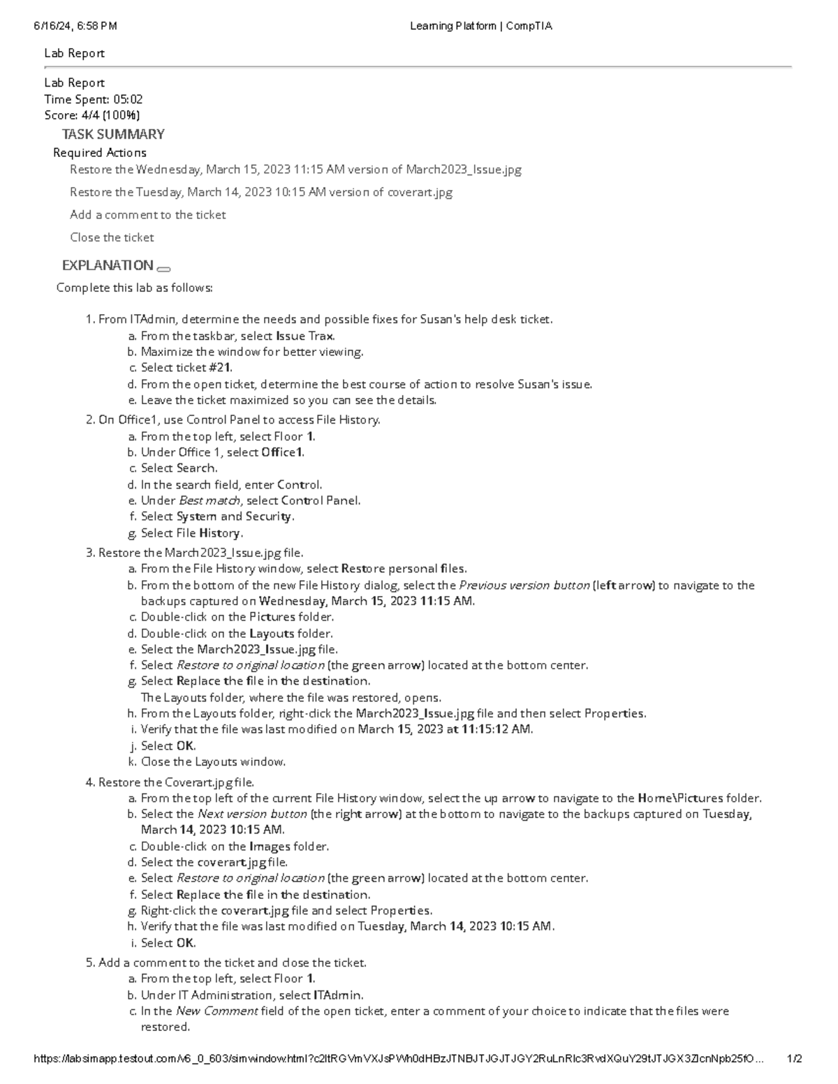 9.4.3 - Restore Data from File History (Simulation) - Lab Report Lab Report Time Spent: 05 ...