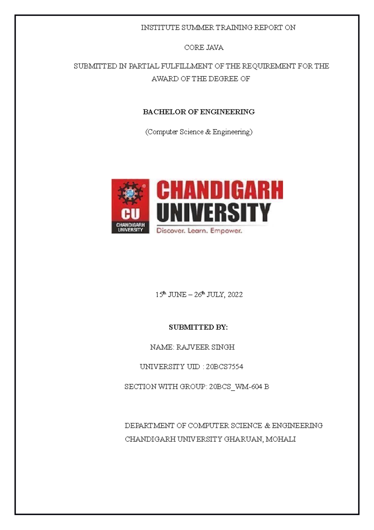 Core Java Final Training Report NEW - INSTITUTE SUMMER TRAINING REPORT ...