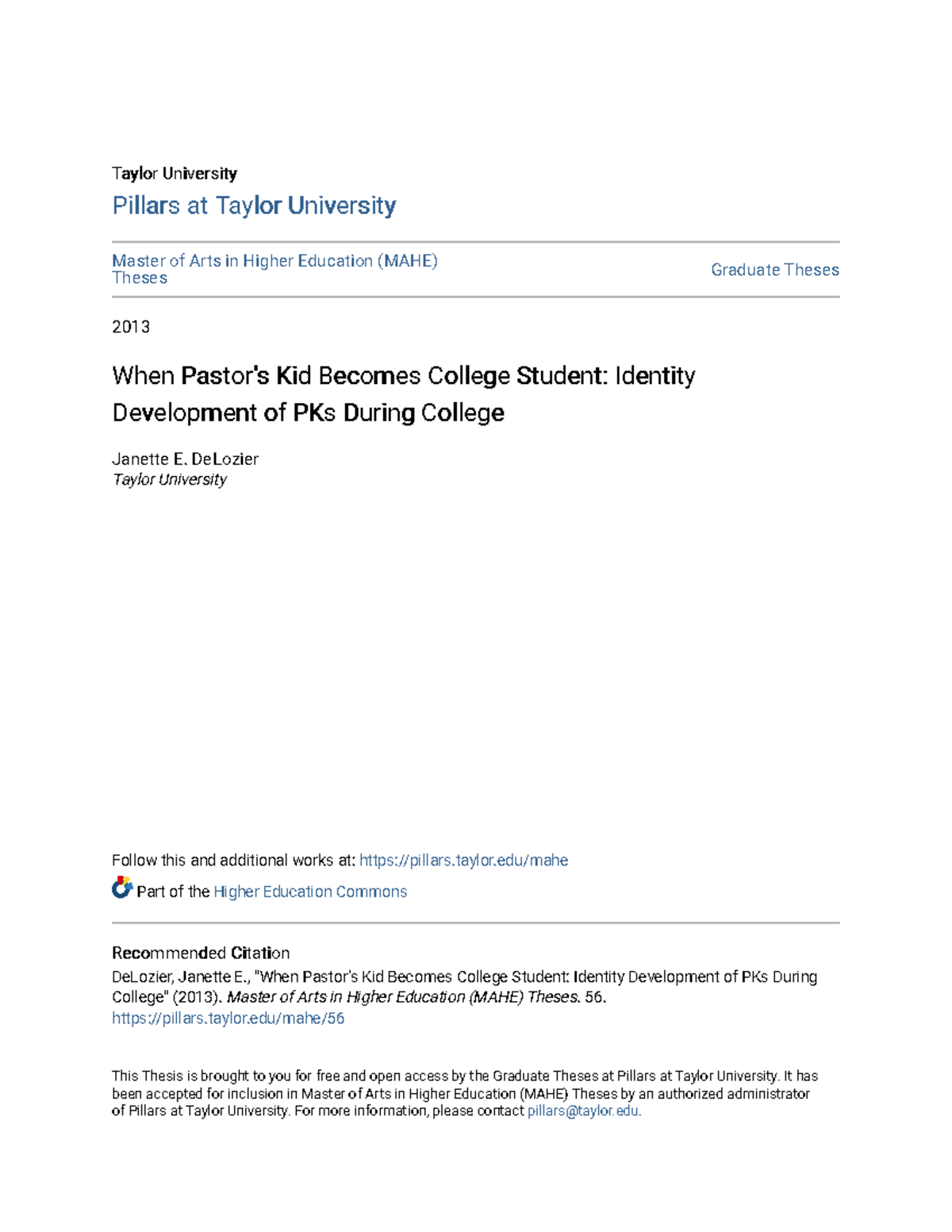 When Pastors Kid Becomes College Student Identity Development o ...