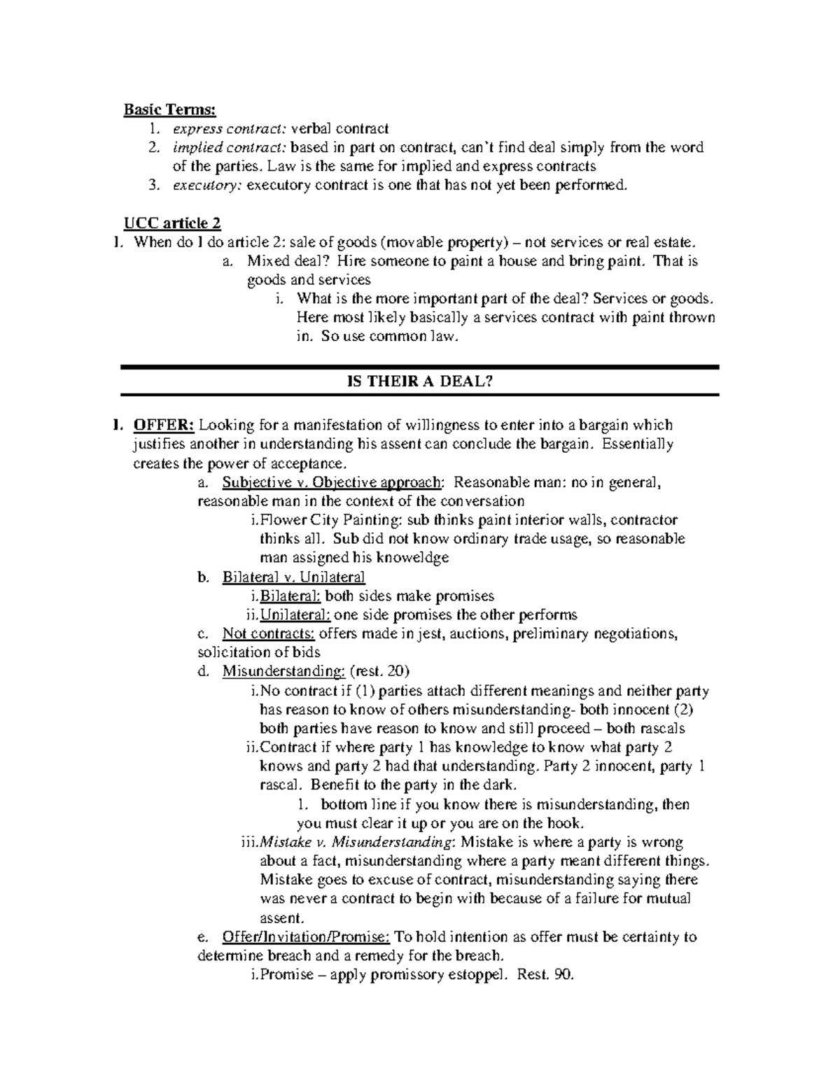 Contracts Overview Terms - Basic Terms: 1. express contract: verbal ...