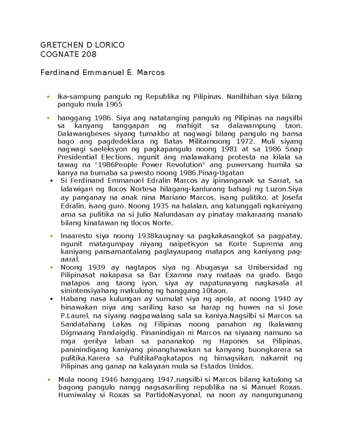 UNIT-1- Marcos - GRETCHEN D LORICO COGNATE 208 Ferdinand Emmanuel E. Marcos Ika-sampung pangulo ...