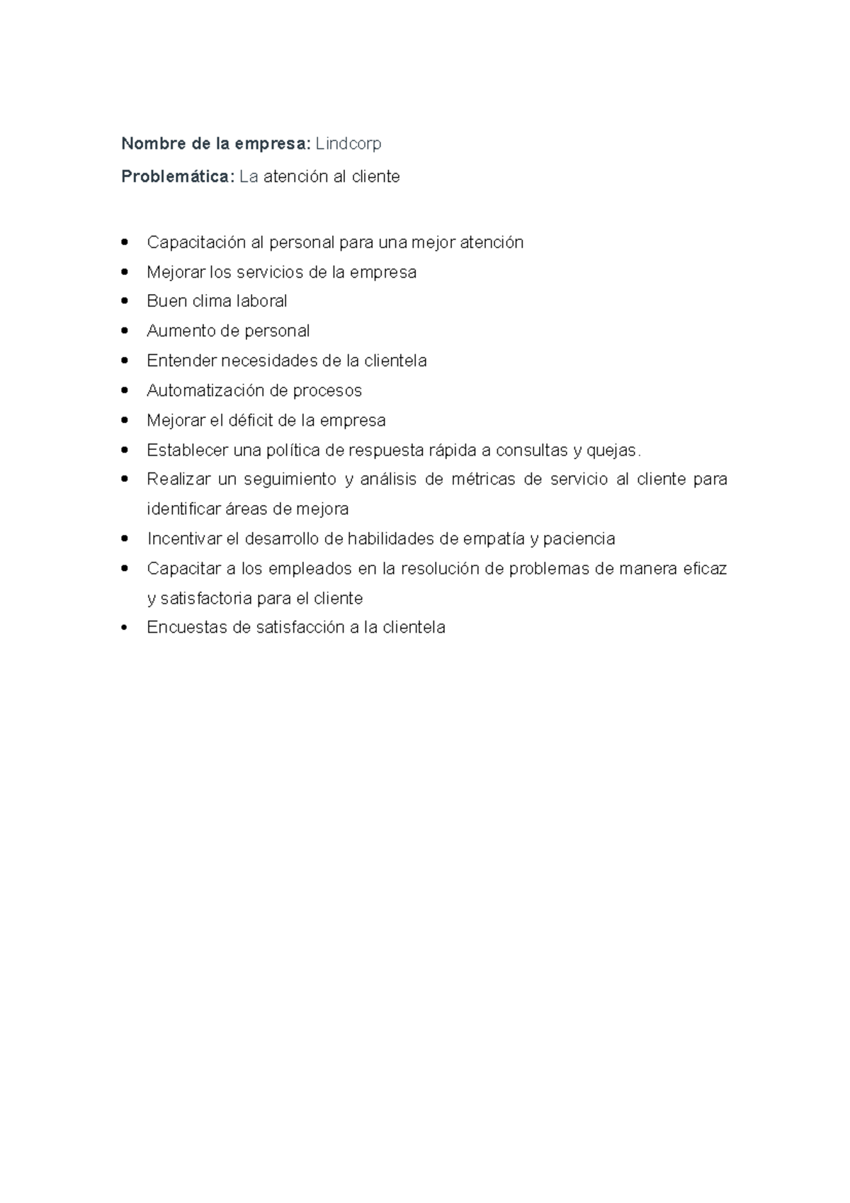 Variables de mejora - dsv - Nombre de la empresa: Lindcorp Problemática ...