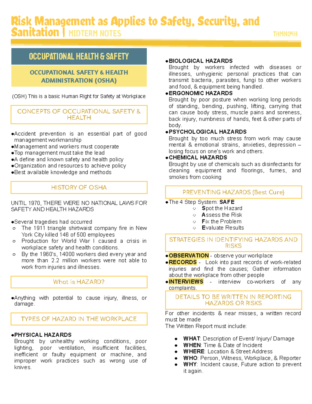 Risk Management notes [Midterm] - Risk Management as Applies to Safety ...