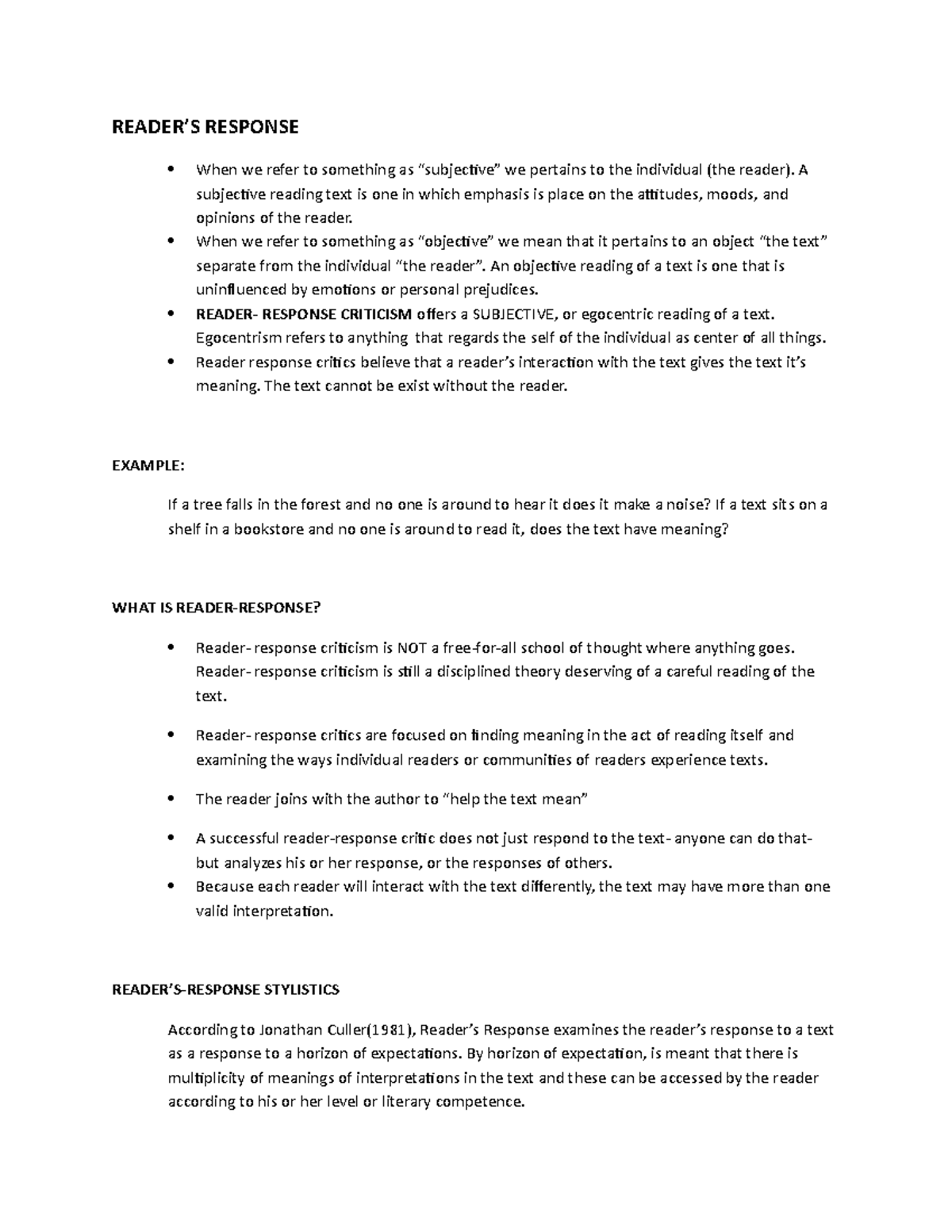 Reader s Response Lecture Notes 1 READER S RESPONSE When We Refer 