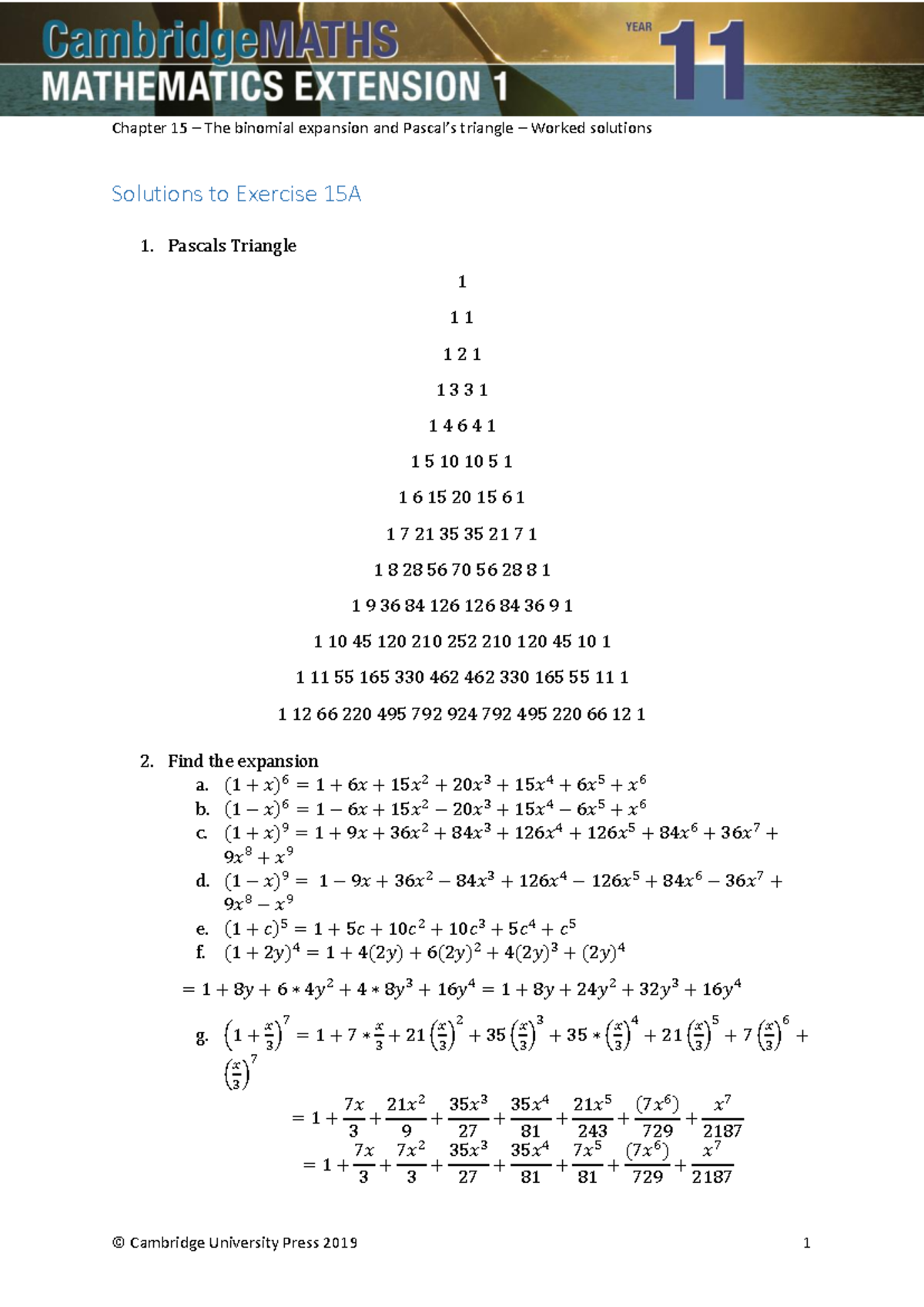 Chapter 15 worked - Solutions to Exercise 15A Pascals Triangle 1 1 1 1 ...