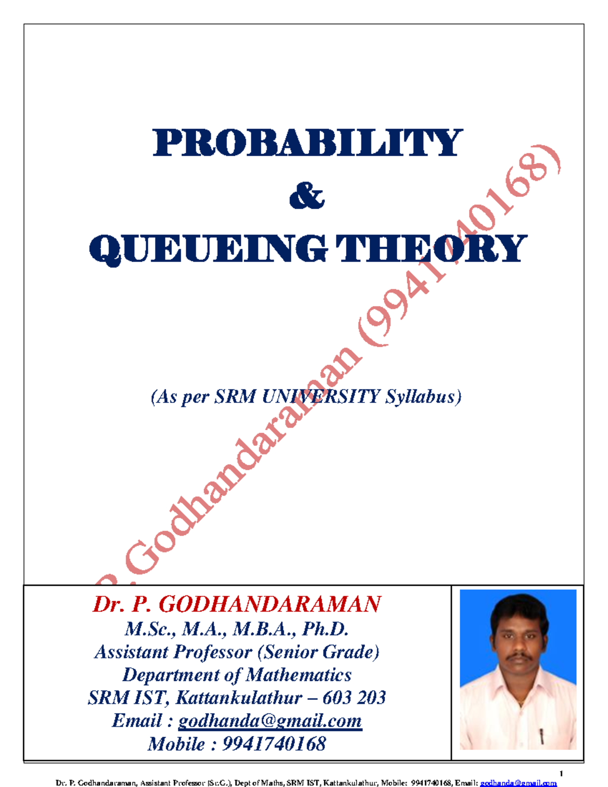 18MAB204T - PQT - UNIT 4, 5 - June 2022 - 1 PROBABILITY & QUEUEING THEORY (As per SRM UNIVERSITY ...