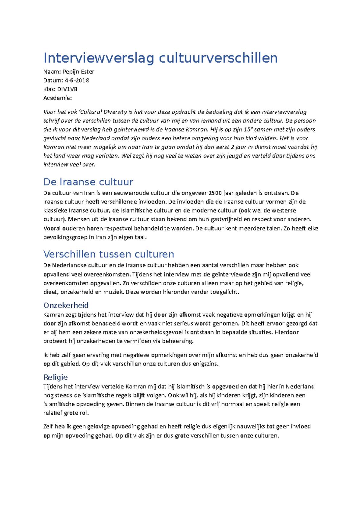 Veiligehidskunde 2 samenvatting - Interviewverslag cultuurverschillen ...