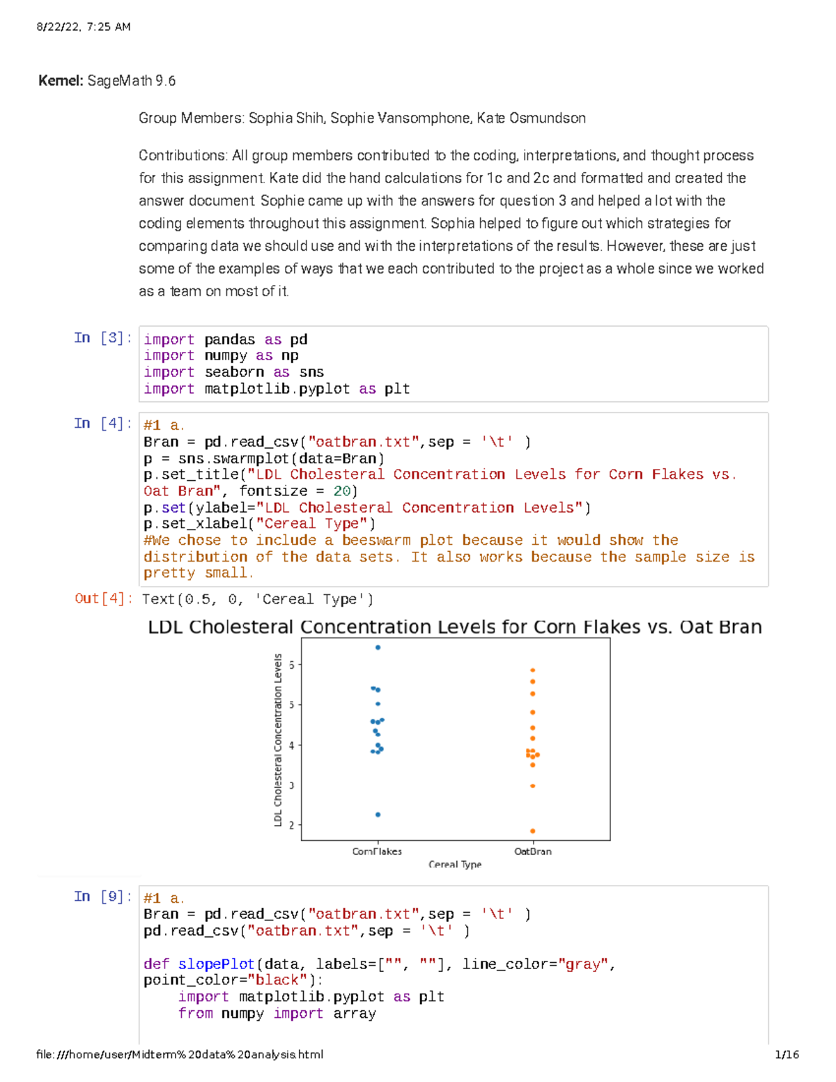 Midterm data analysis - Kernel: SageMath 9. Group Members: Sophia Shih ...