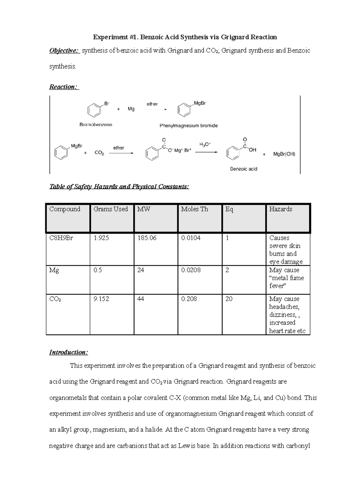 CHEM 225-Lab Report Exp 1 - Experiment #1. Benzoic Acid Synthesis via Grignard Reaction ...