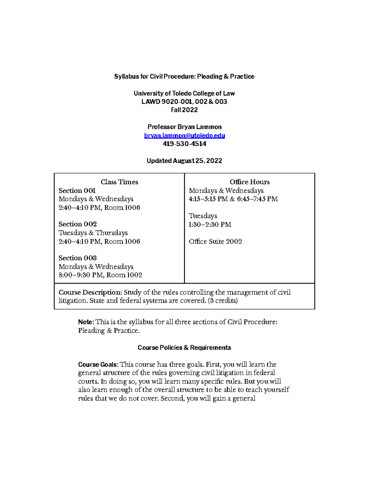 Cpp 2022fl syllabus 2022 08 25 update - Syllabus for Civil Procedure ...