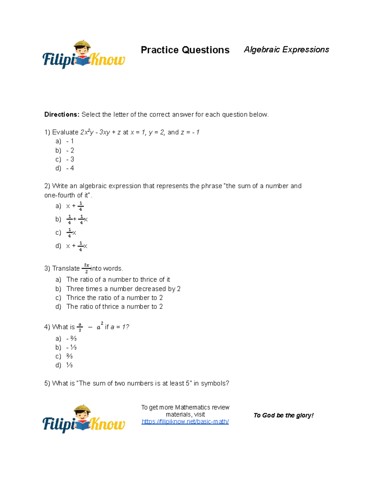 Algebraic Expressions Practice Questions - Practice Questions Algebraic ...