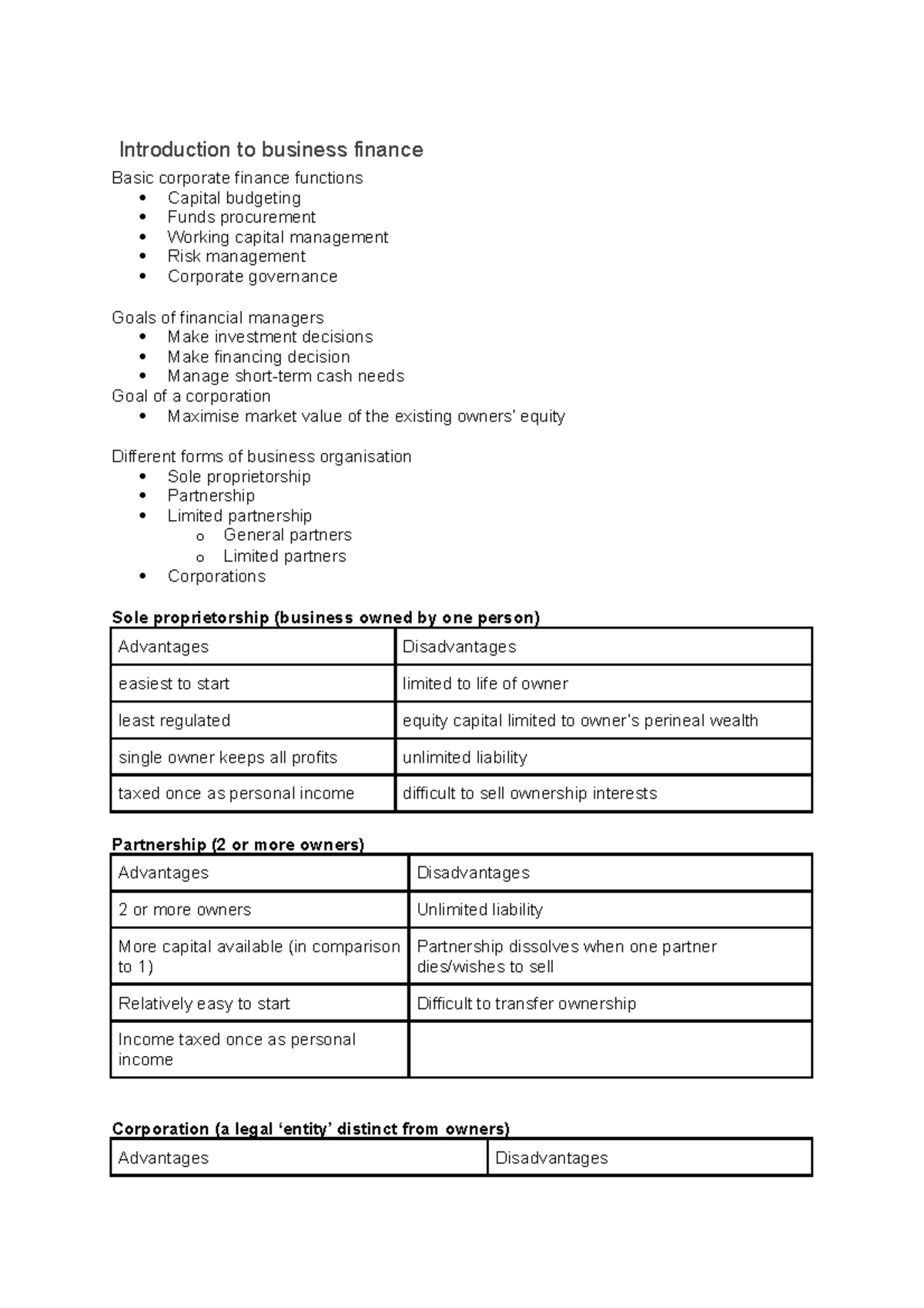 Introduction to business finance; study notes - Introduction to ...