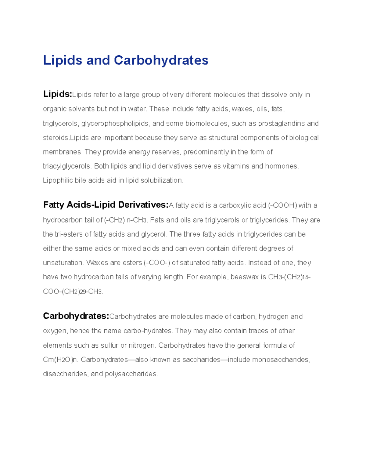 introduction to biochemistry - Lipids and Carbohydrates Lipids:Lipids ...