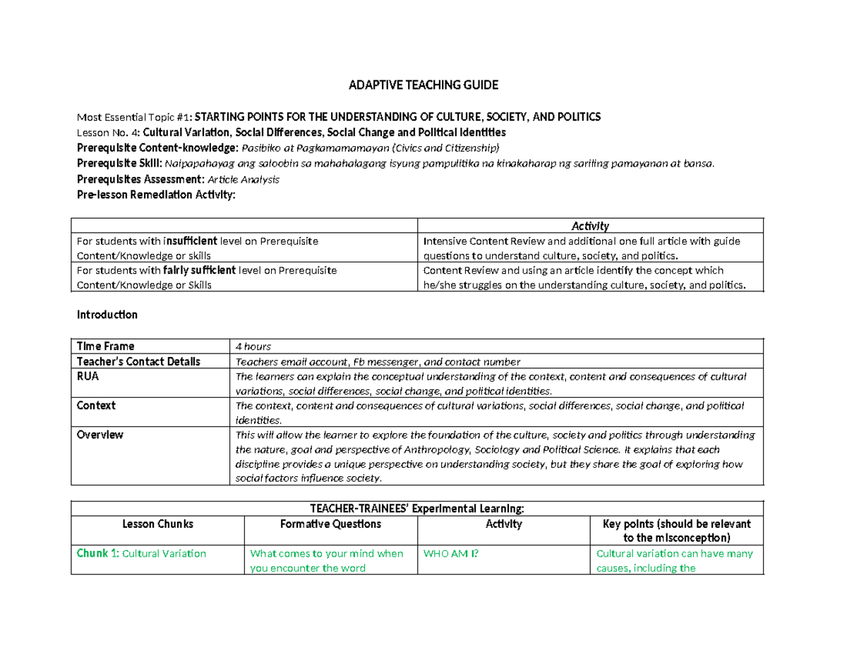 Met 1 - N/A - ADAPTIVE TEACHING GUIDE Most Essential Topic #1: STARTING ...
