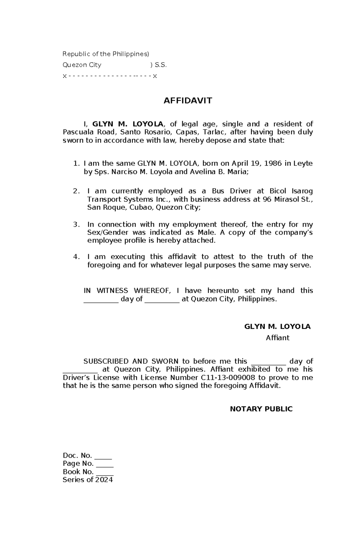 Affidavit - Gender - Republic of the Philippines) Quezon City ) S. x - x AFFIDAVIT I, GLYN M ...