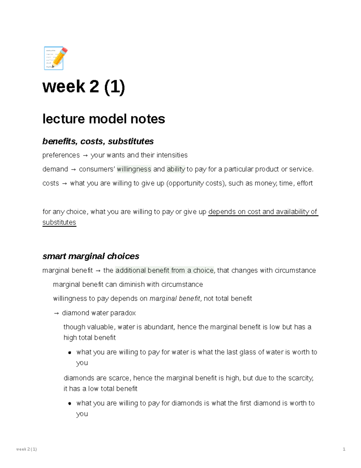 Week 2 Notes - ECON 1000 - 📝 week 2 (1) lecture model notes benefits ...