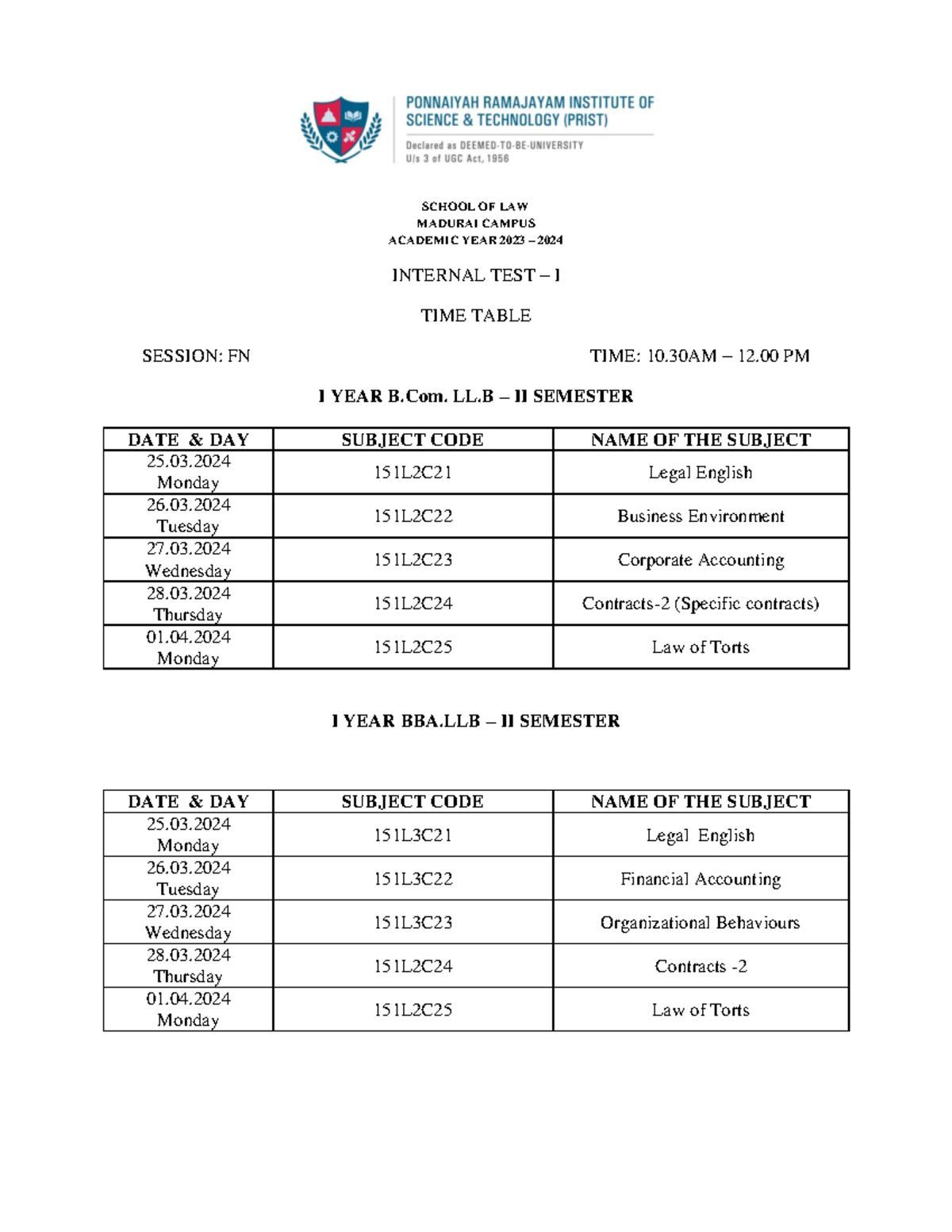2024 I Internal Timetable - MDU Campus - MADURAI CAMPUS ACADEMIC YEAR ...