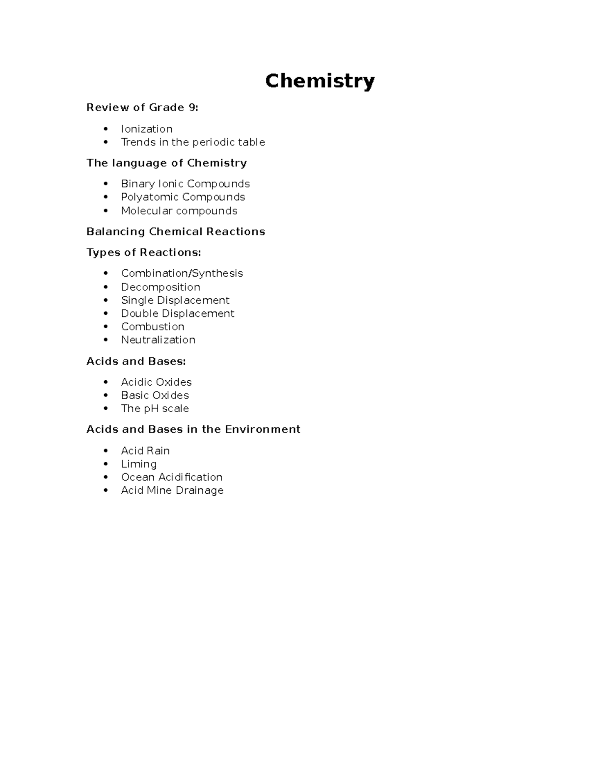 Course Synopsis - notes - Chemistry Review of Grade 9: Ionization ...