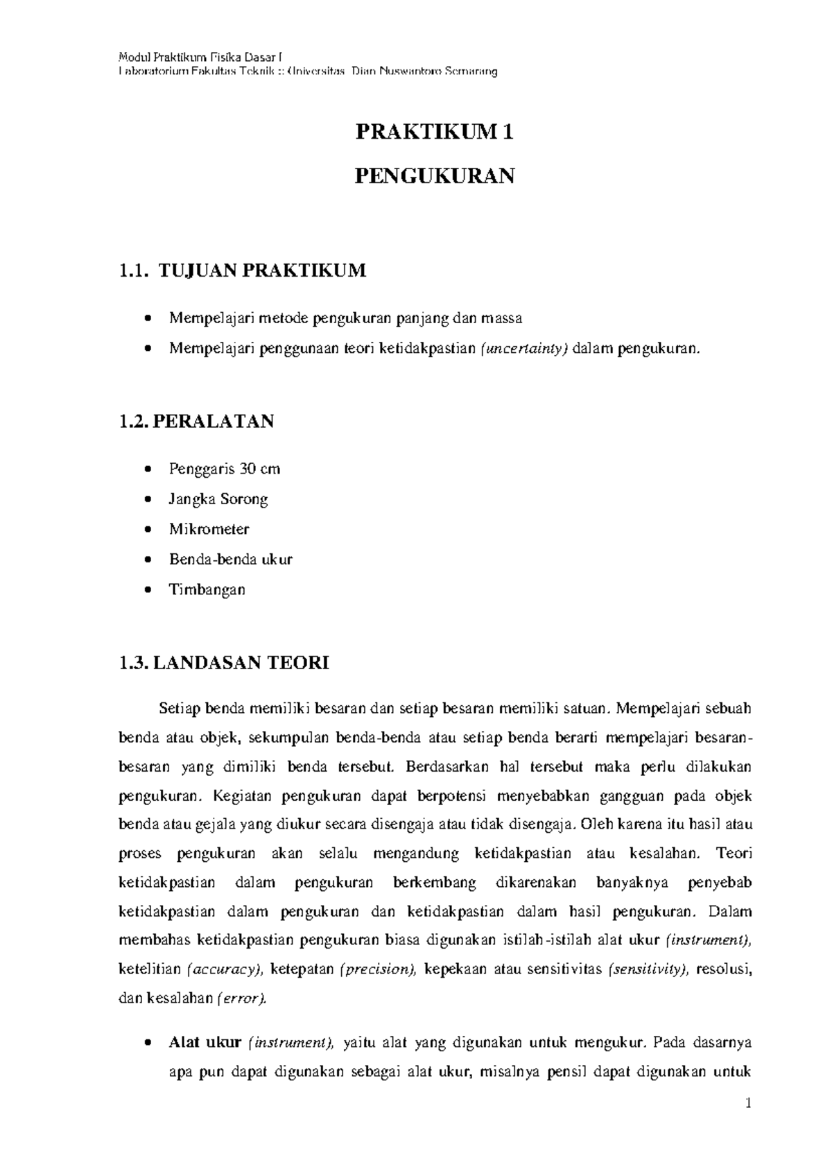 Modul 1 Pengukuran - Assigment - PRAKTIKUM 1 PENGUKURAN 1. TUJUAN ...